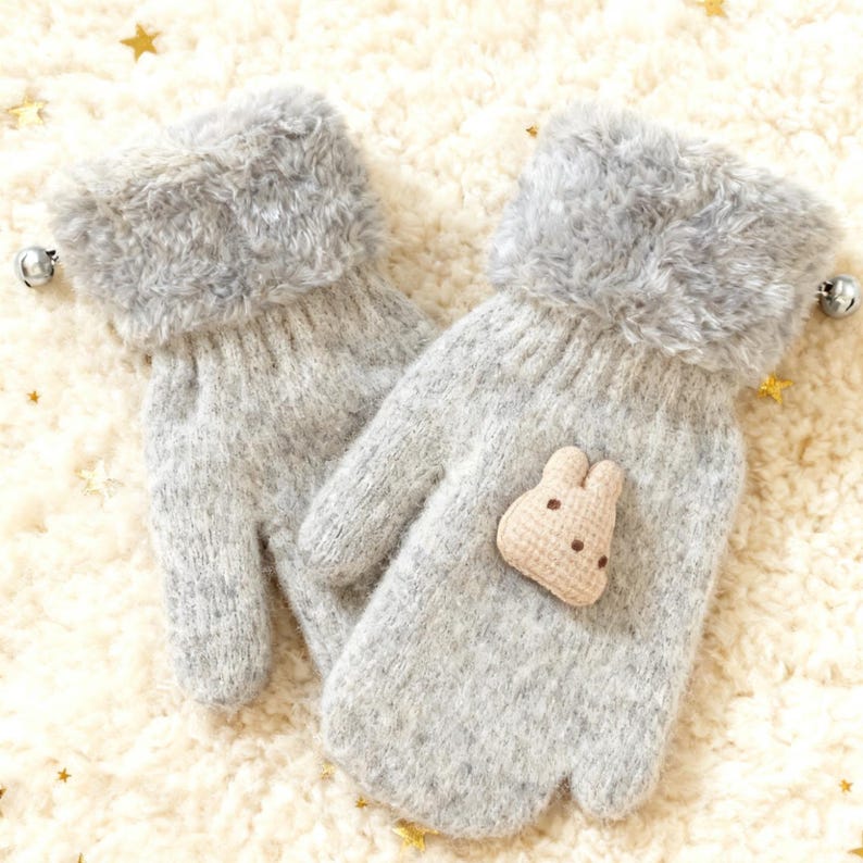 Cozy Mittens Fleece Lined Rabbit Fur Like, Winter Warm Beige Grey Mitts ...