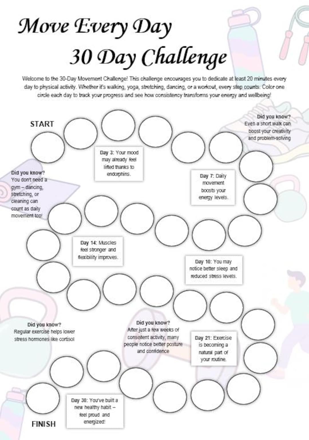 30 Day Fitness Challenge Printable: Habit Tracker, Exercise Path ...