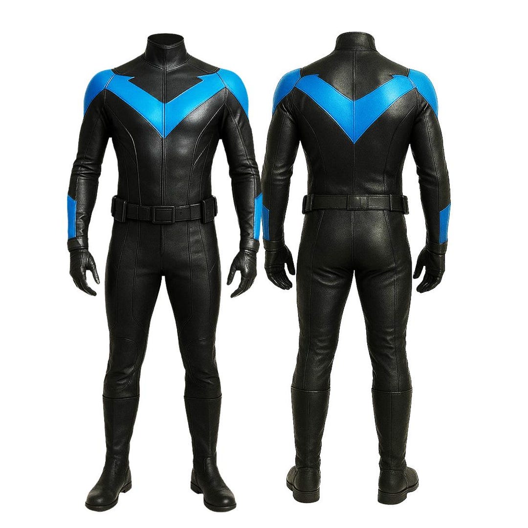 Nightwing Cosplay Costume, Leather Superhero Suit, Blue V Emblem ...