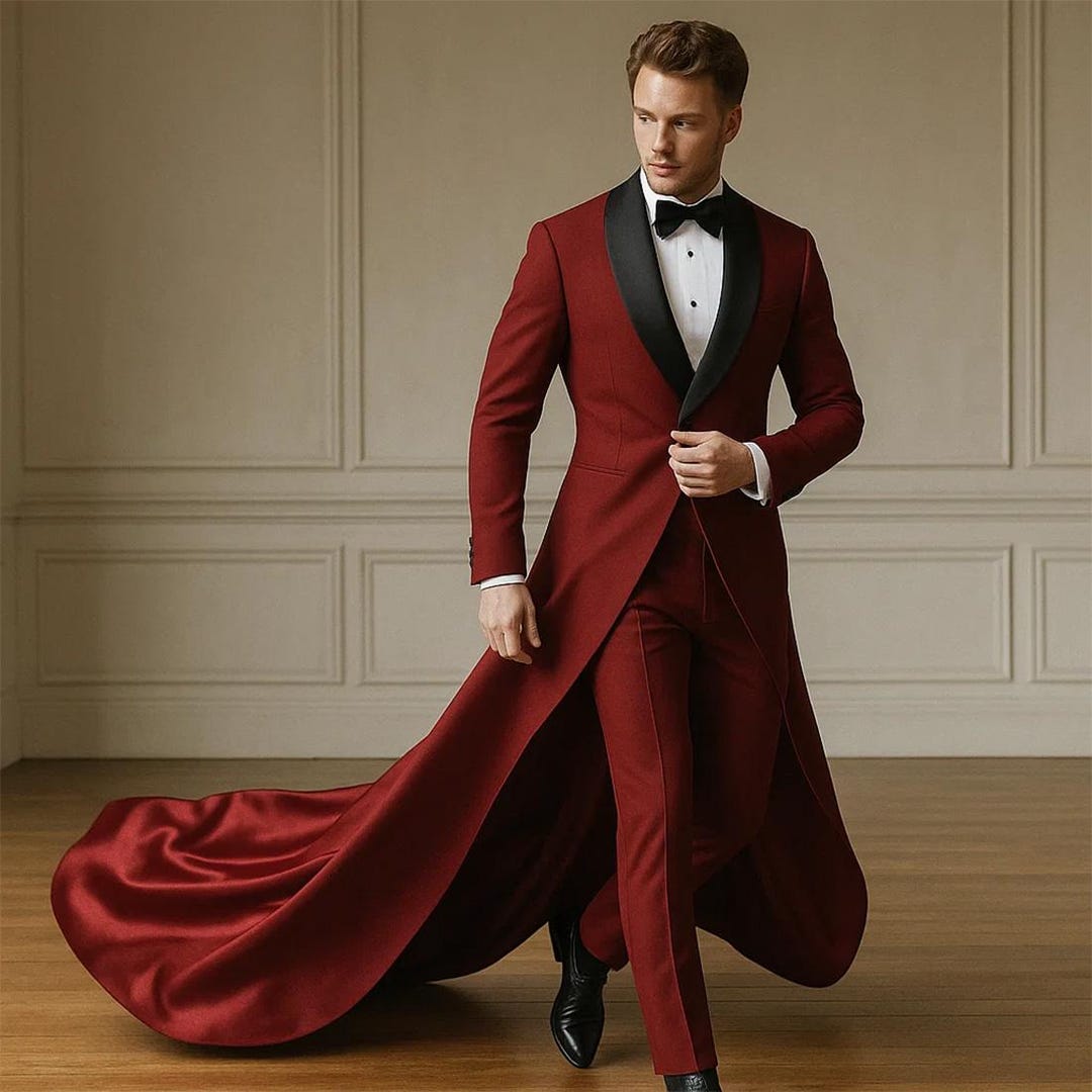 Maroon Wedding Tuxedo Outfit, Men's Handmade Tailcoat, Groom's Luxury ...