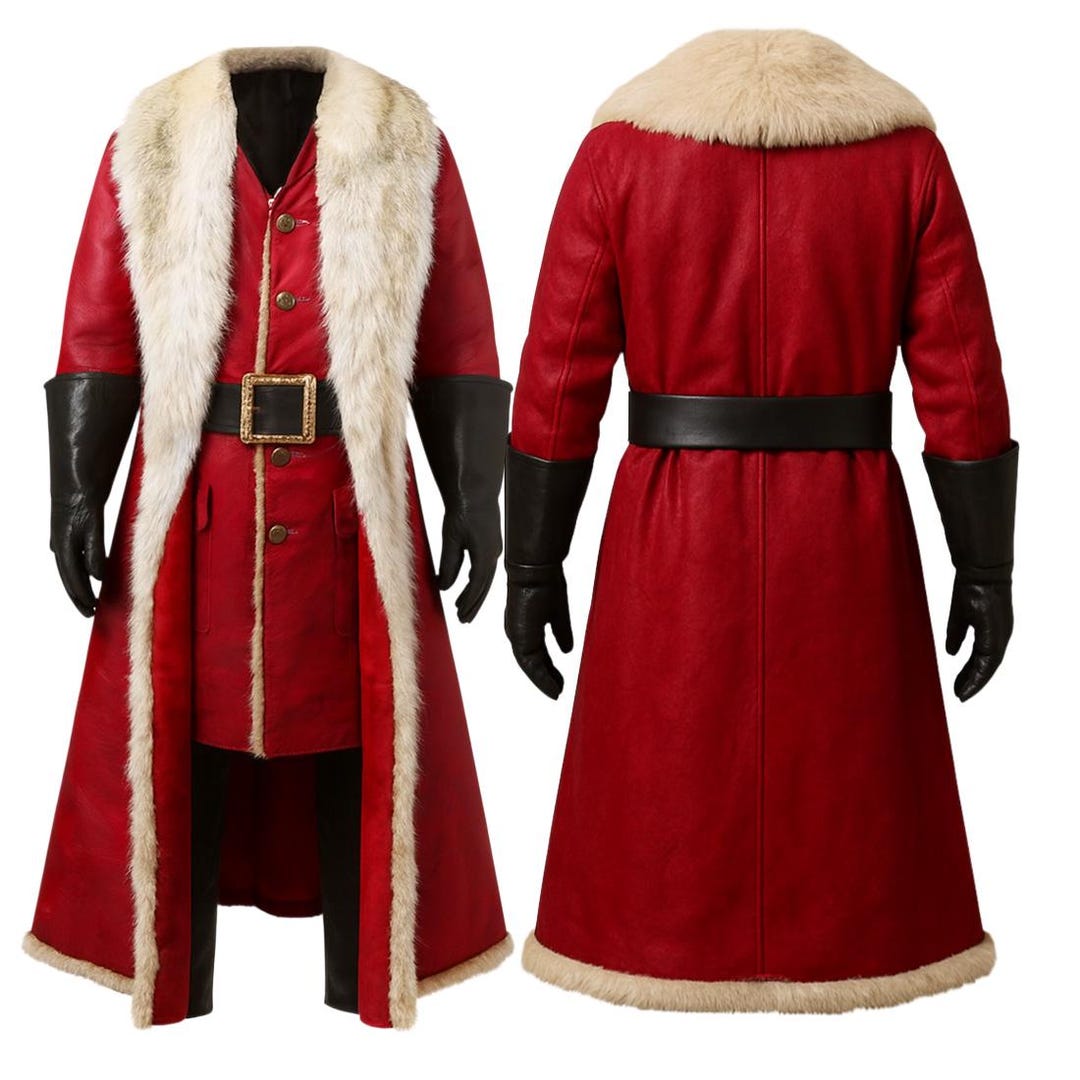 Santa Cosplay Costume, Handmade Red Leather Christmas Fur Long Coat ...