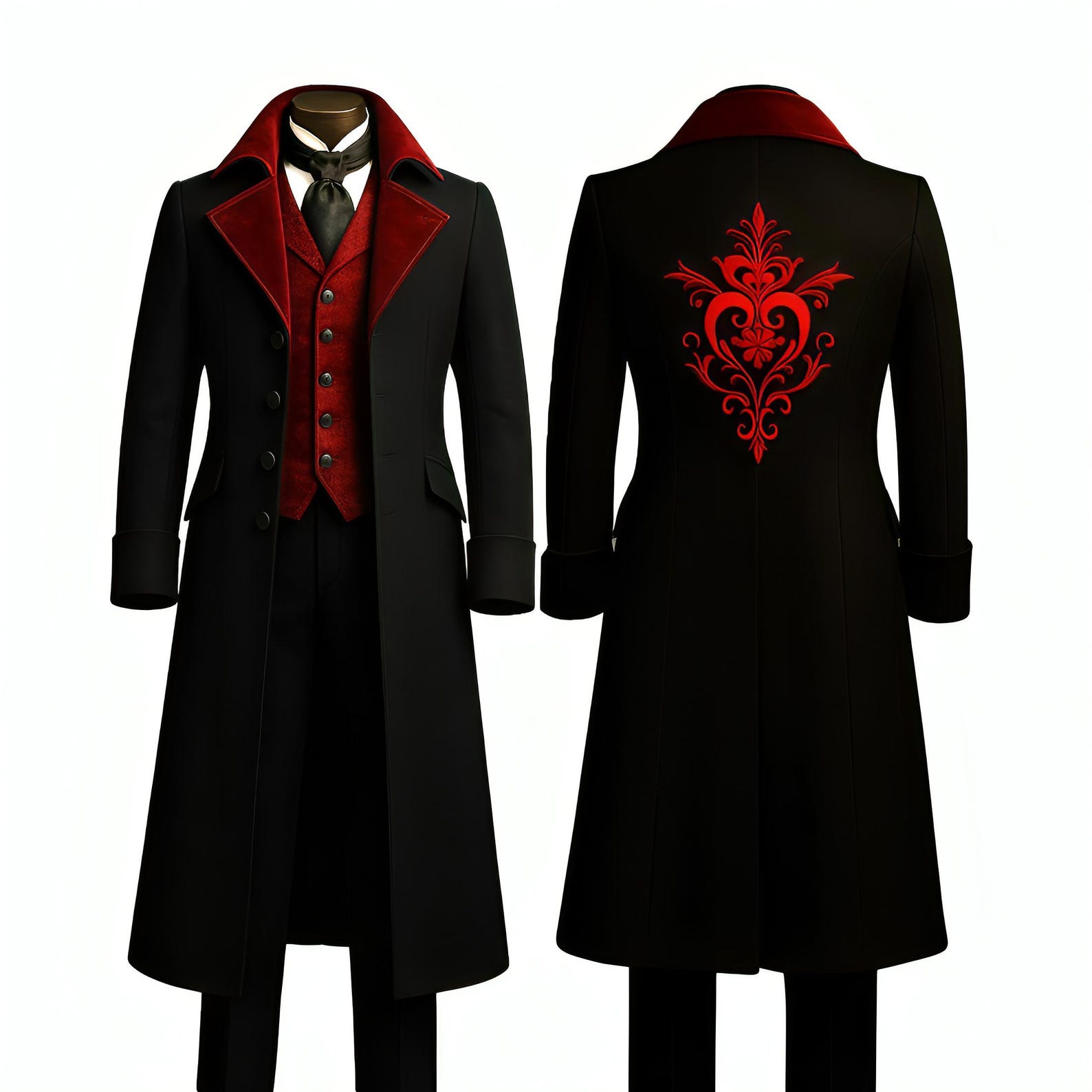Gothic Wedding Costume: Handmade Embroidered Outfit, Red Steampunk Coat ...
