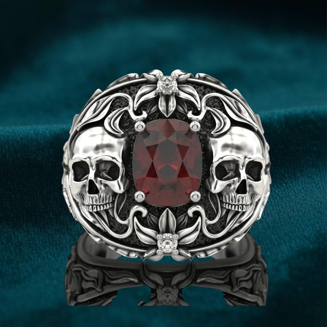 Gothic Skull Ring - Dual Skulls With Red Stone Accent - Etsy