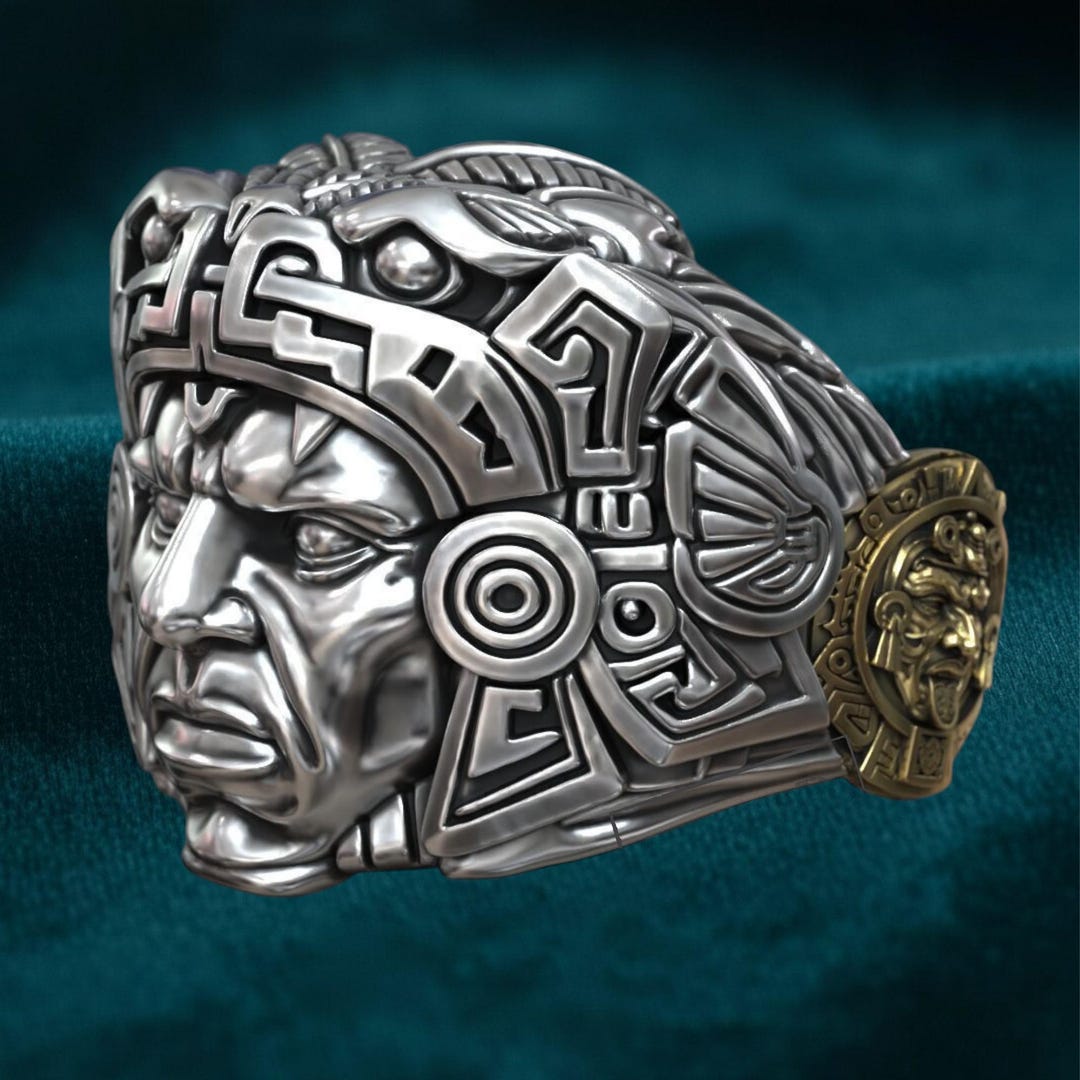 Aztec Warrior Ring: Kukulkan Symbol in Silver and Gold (sterling 925 ...