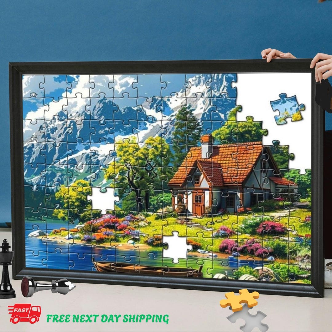Mountain Lake Cottage Puzzle, Peaceful Alpine Scenery Jigsaw, Cozy ...