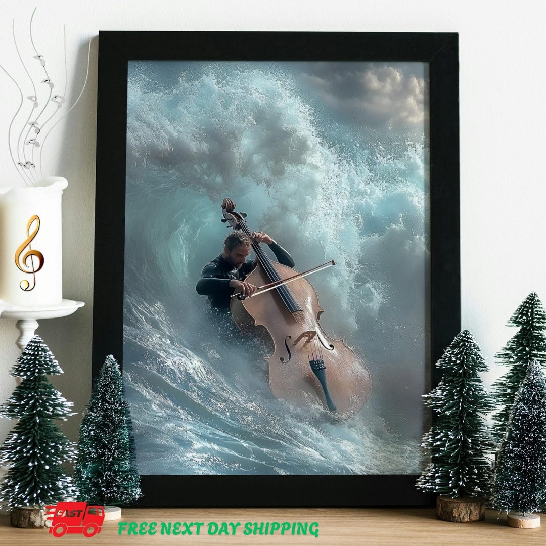 Surreal Ocean Musician Wall Art – Man Playing Cello in Waves, Realistic ...