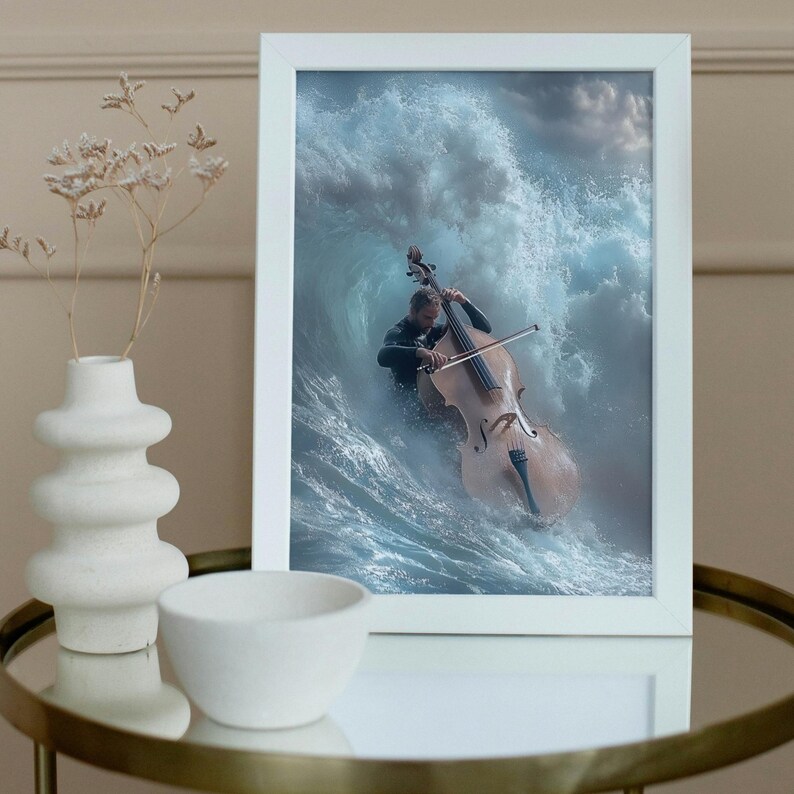 Surreal Ocean Musician Wall Art – Man Playing Cello in Waves, Realistic ...