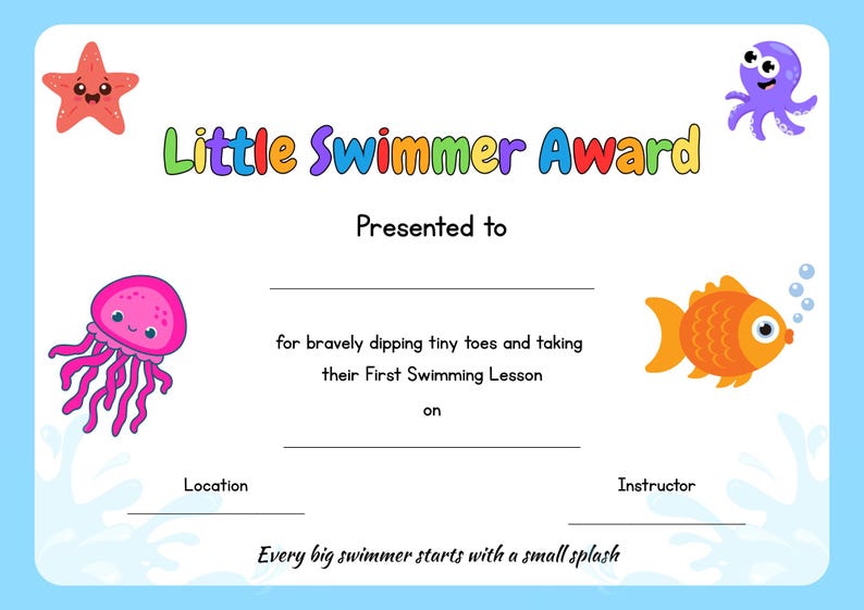 Baby First Swim Certificate | Printable PDF | First Swimming Lesson ...