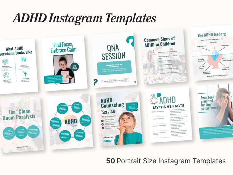 ADHD Instagram Templates, Mental Health, Therapist Instagram, Counselor ...