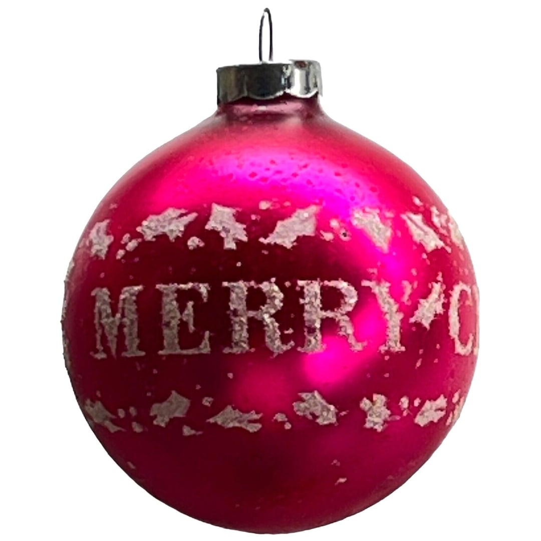 VTG Red Shiny Brite MERRY CHRISTMAS Holly Ornament Stencil Mica Mercury ...