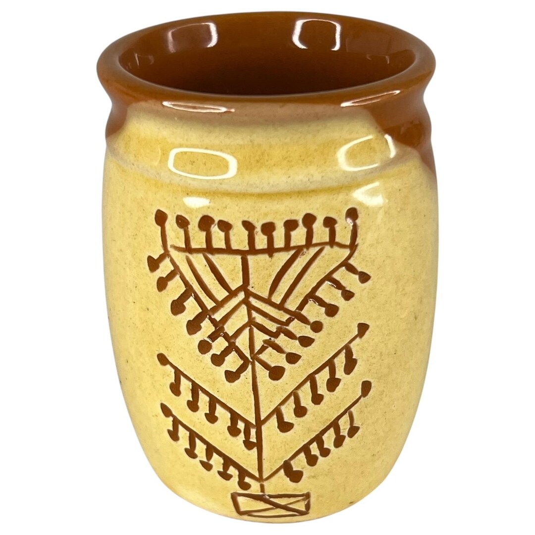Handcrafted Ceramic Mini Crock Brown & Yellow Finish and Geometric Tree ...