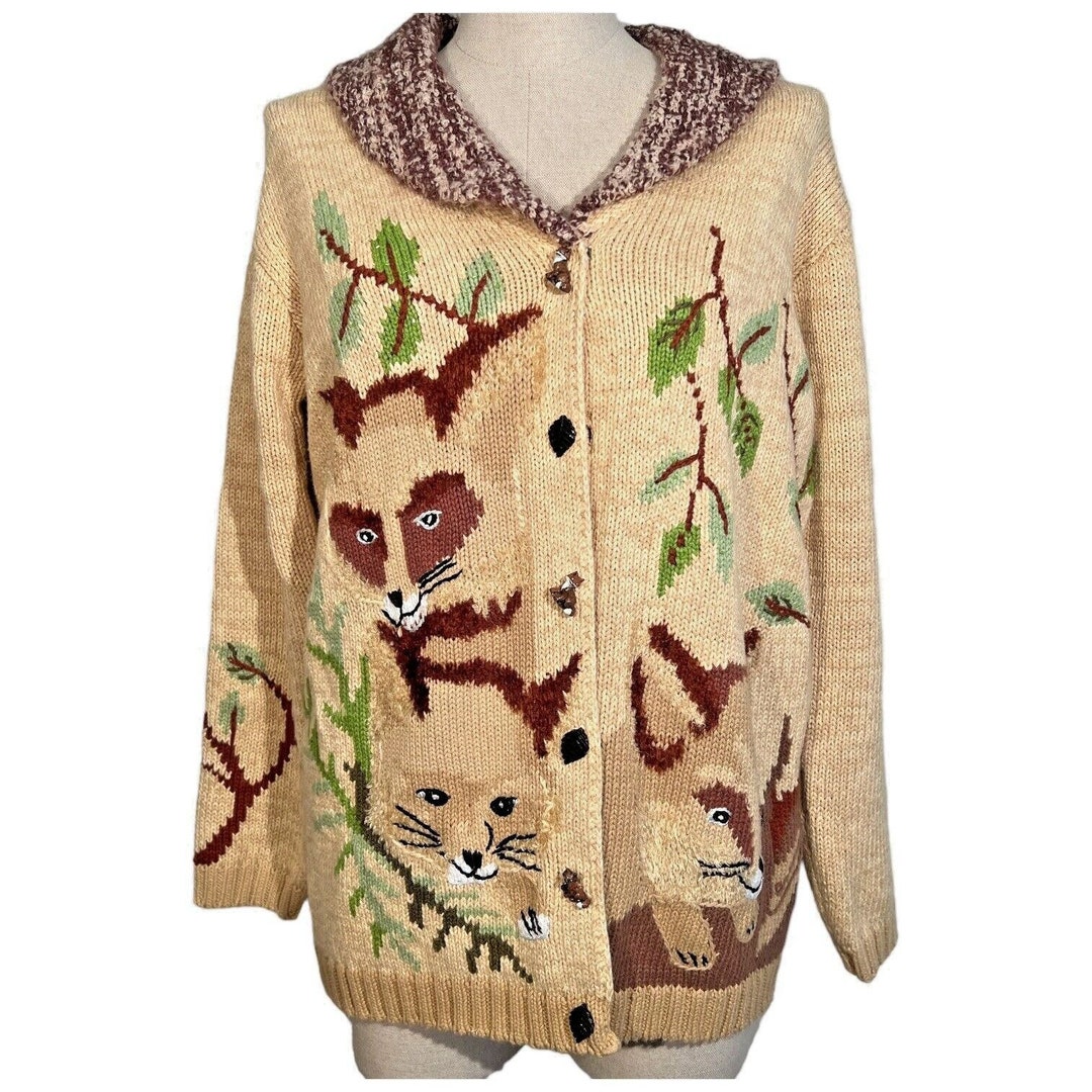Handknits Storybook Knit Fox Sweater Cardigan Button Collar Size Small ...