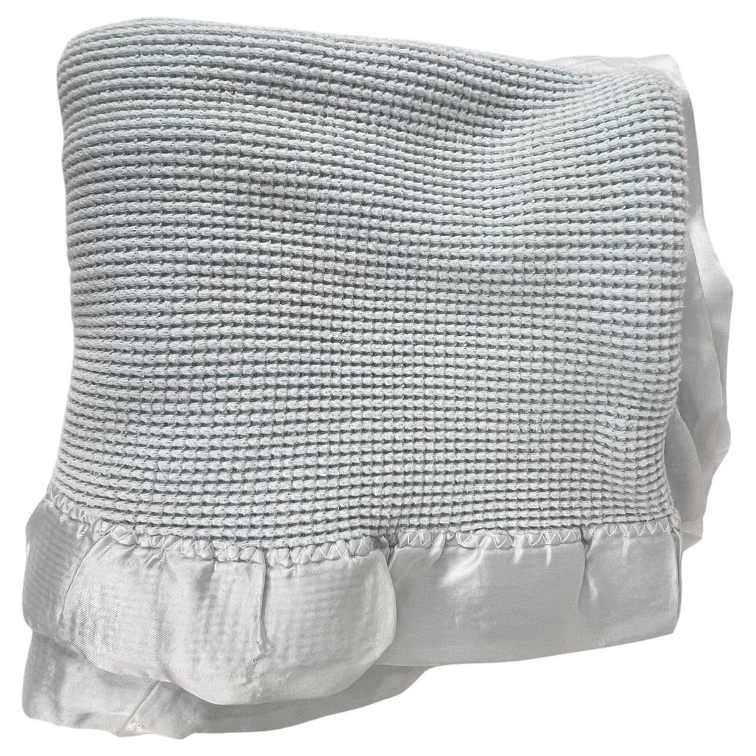 Vintage Light Blue Thermal Baby Blanket Waffle Weave Knit Satin Ruffle ...
