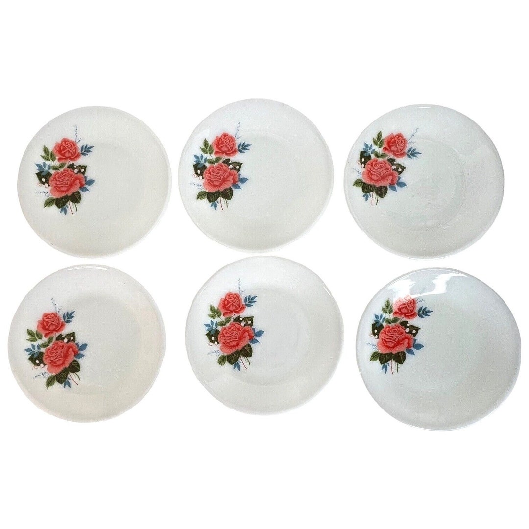 6 Vintage JAJ Pyrex Cottage Rose Bread & Butter Plate Milk Glass 6 1/2 ...