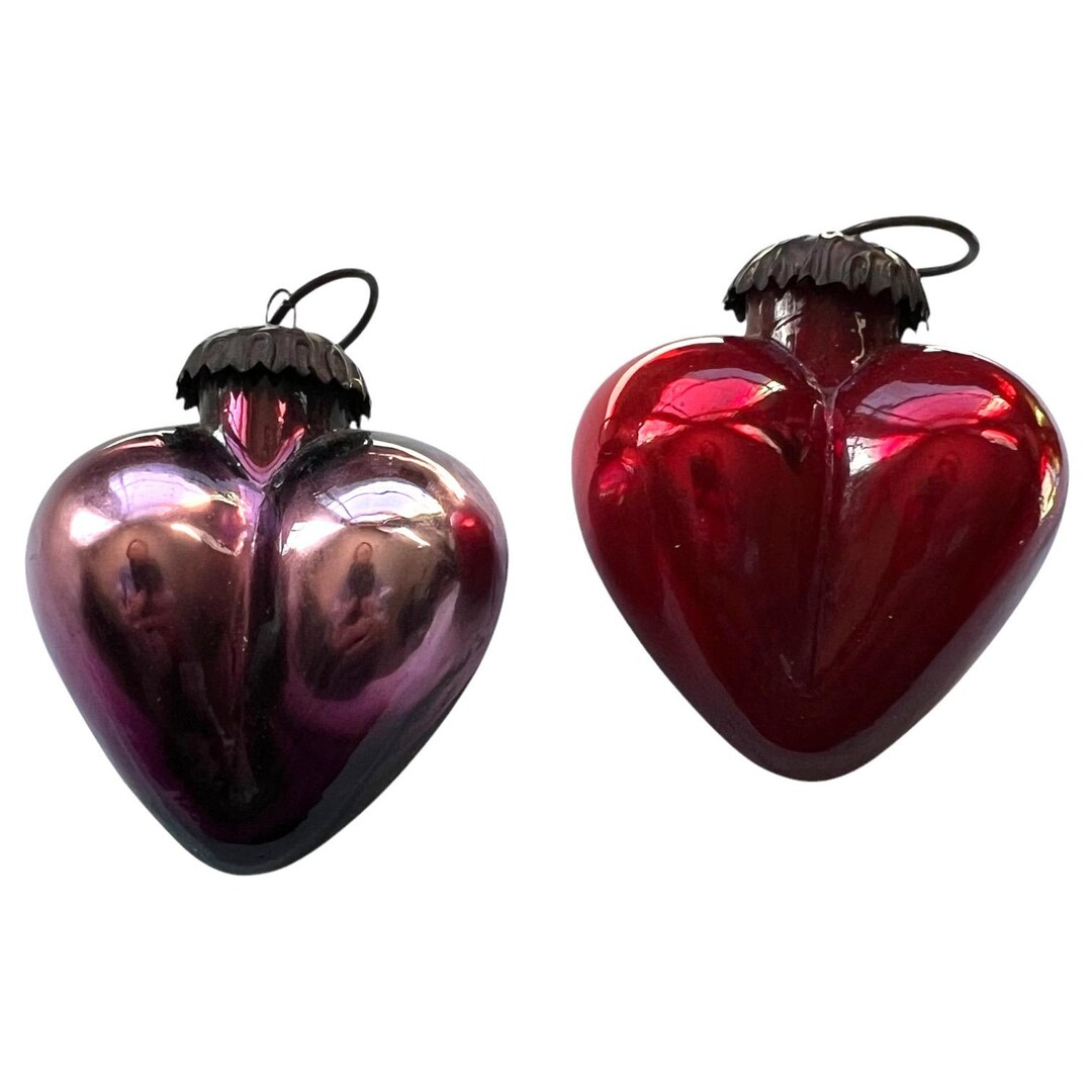 2 Modern Kugel Style Heart Shape Glass Christmas Ornament Red Purple ...