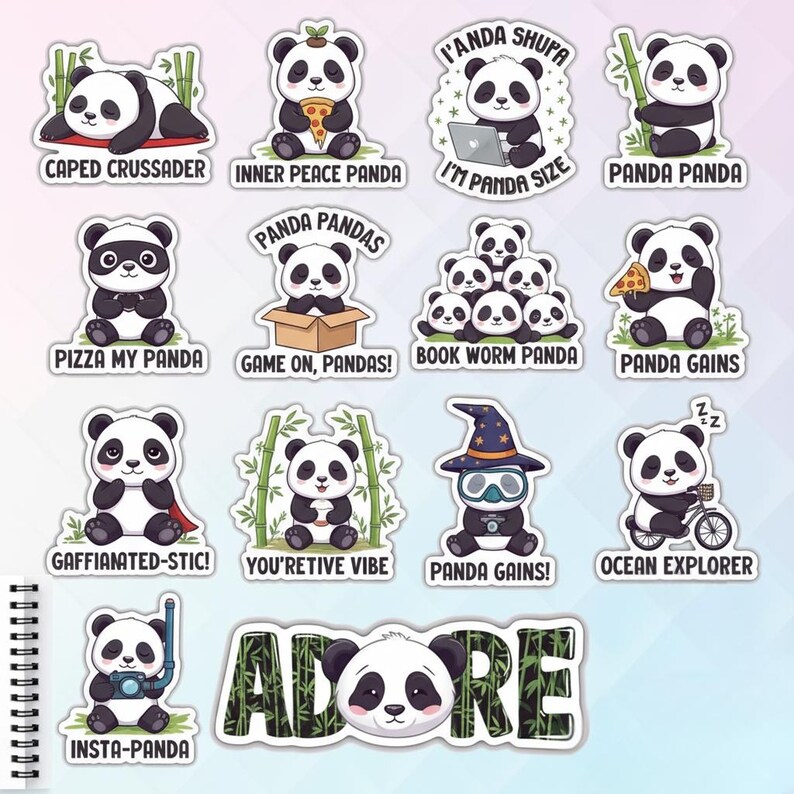 Cute Panda Sticker Sheet 15 Kawaii Panda Stickers Funny Cartoon Panda ...