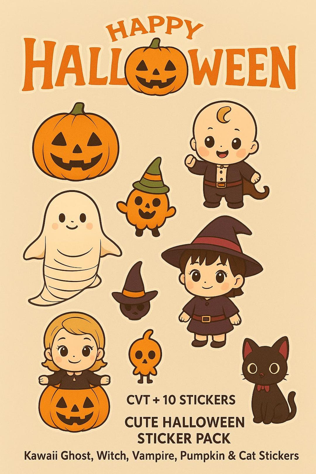Kawaii Halloween Stickers Cute Ghost Pumpkin Witch Cat and Baby Costume ...