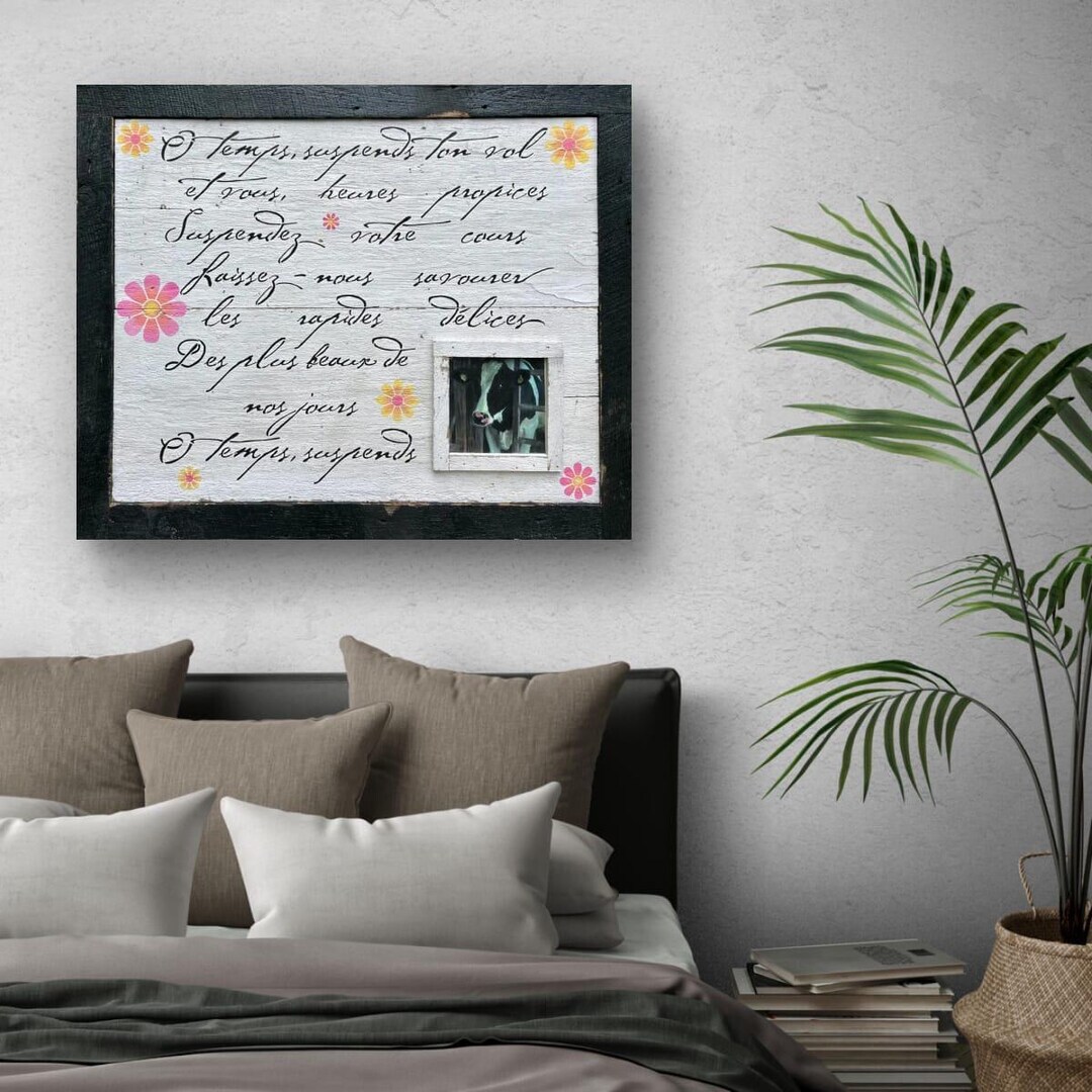 Whimsical Floral Calligraphy Art With Cow Portrait on Reclaimed Barn ...