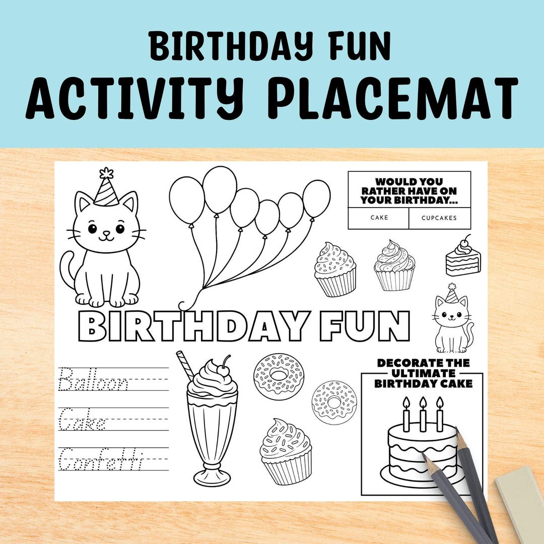 Birthday Activity Placemat, Kids Coloring Page, Fun Party Games ...