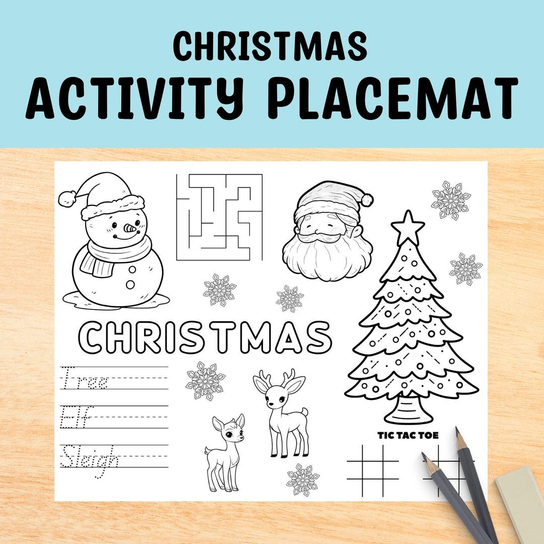 Christmas Activity Placemat, Holiday Coloring Games, Kids Printable Fun ...