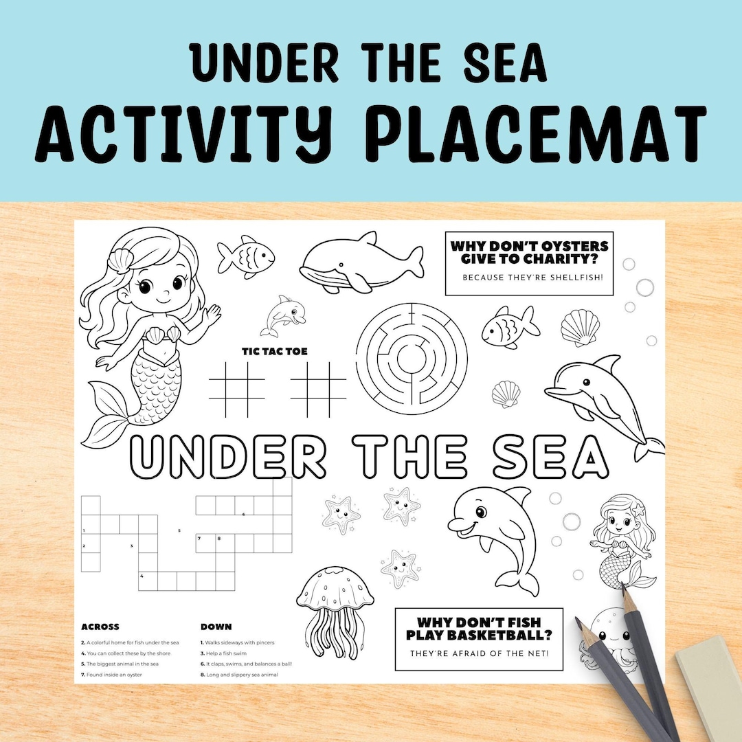 Under the Sea Activity Placemat, Kids Coloring Game, Ocean Theme Party ...