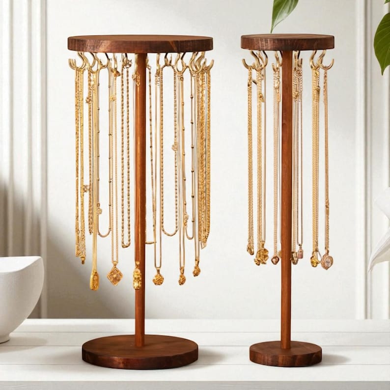 Walnut Wood Necklace Display Stand: Vertical Hook Jewelry Organizer ...