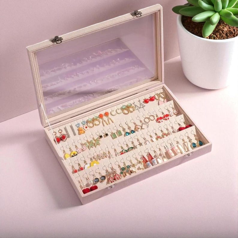 Earring Organiser Box, Velvet Jewellery Storage Case With Transparent ...