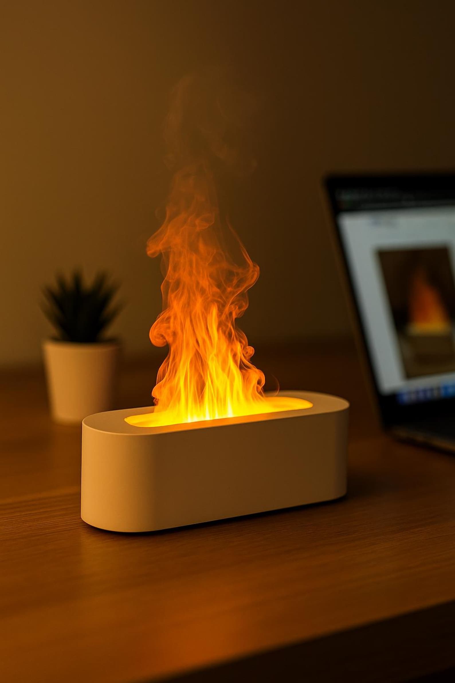 Flame Effect Aroma Diffuser – White LED Essential Oil Humidifier – Cozy ...