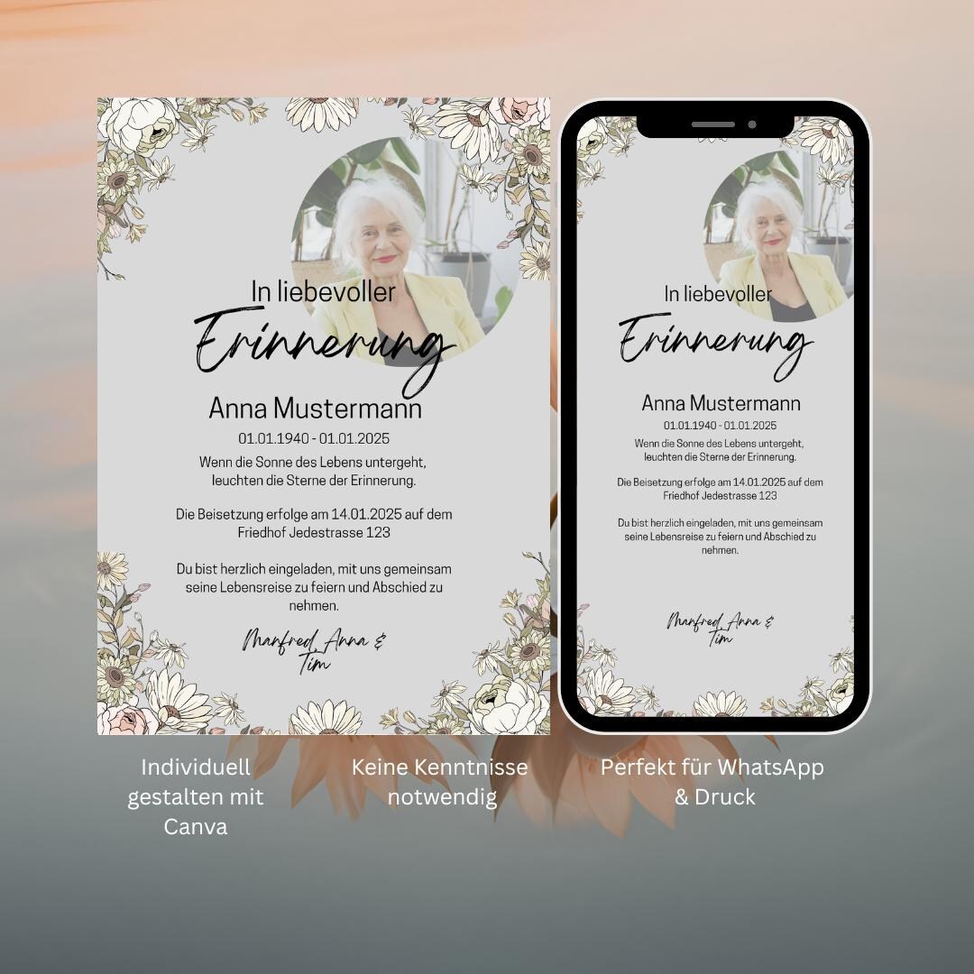 Funeral Invitation Canva Template Condolence Card & Memorial Invitation ...
