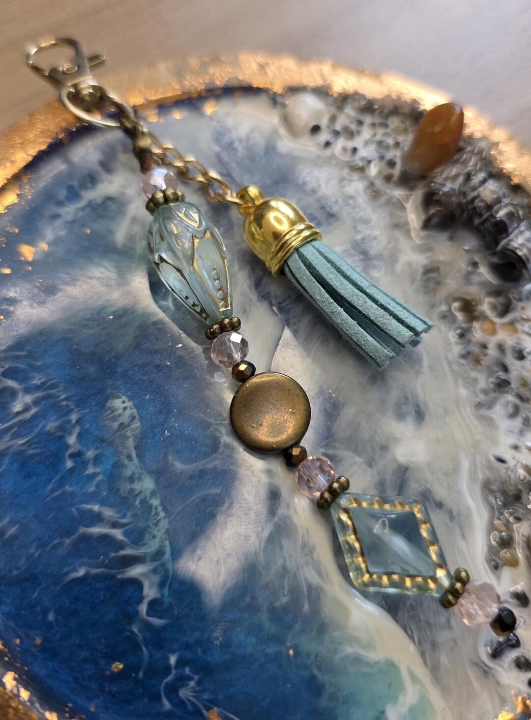 Coastal Beaded Keychain | Teal Tassel, Gold Accents - Etsy