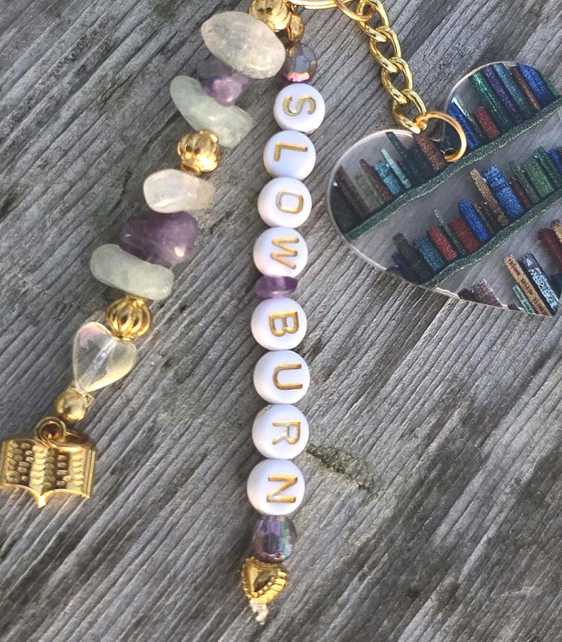 Slow Burn Book Keychain – Library Heart Charm, Gemstone Beads - Etsy