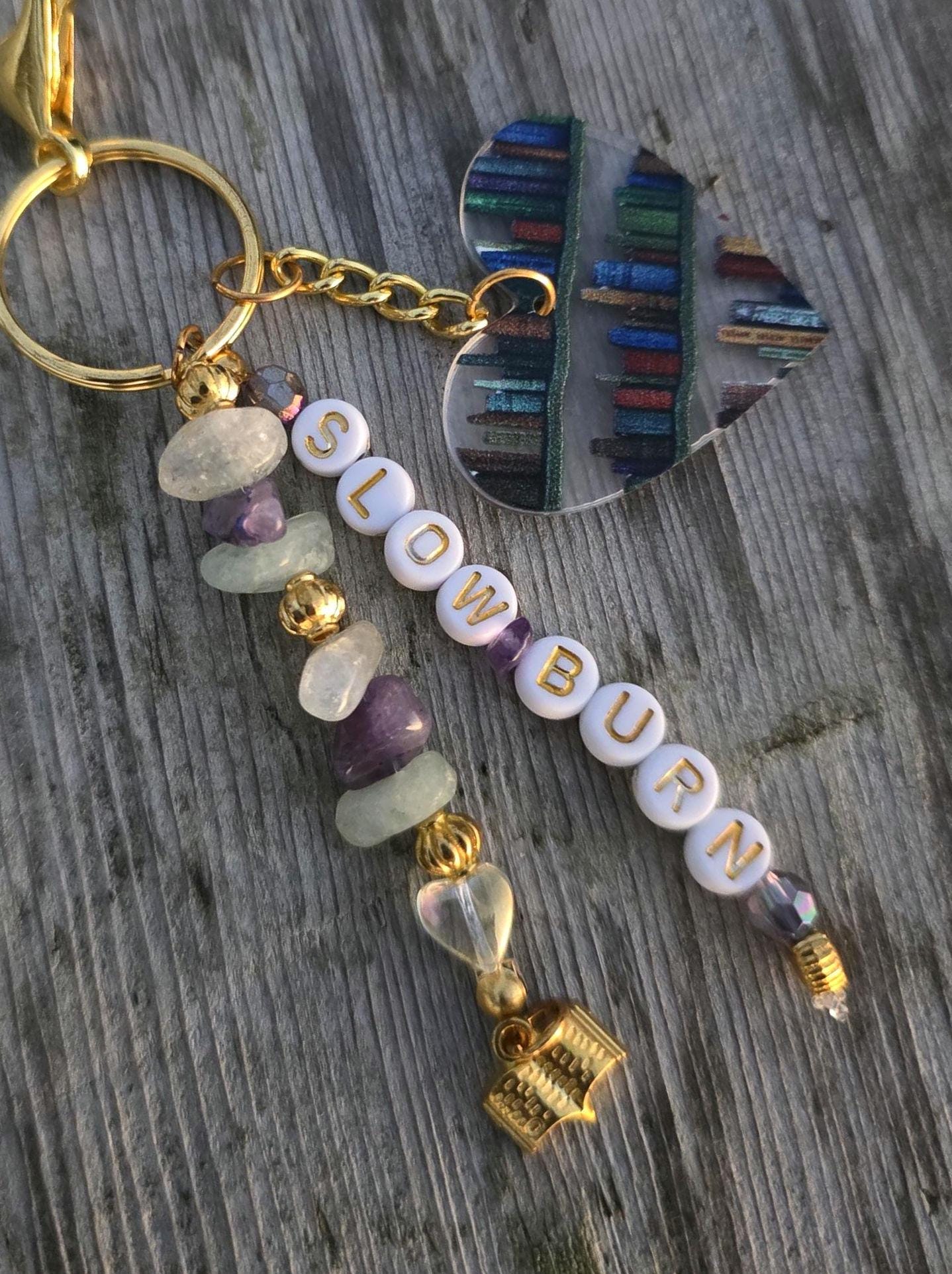 Slow Burn Book Keychain – Library Heart Charm, Gemstone Beads - Etsy