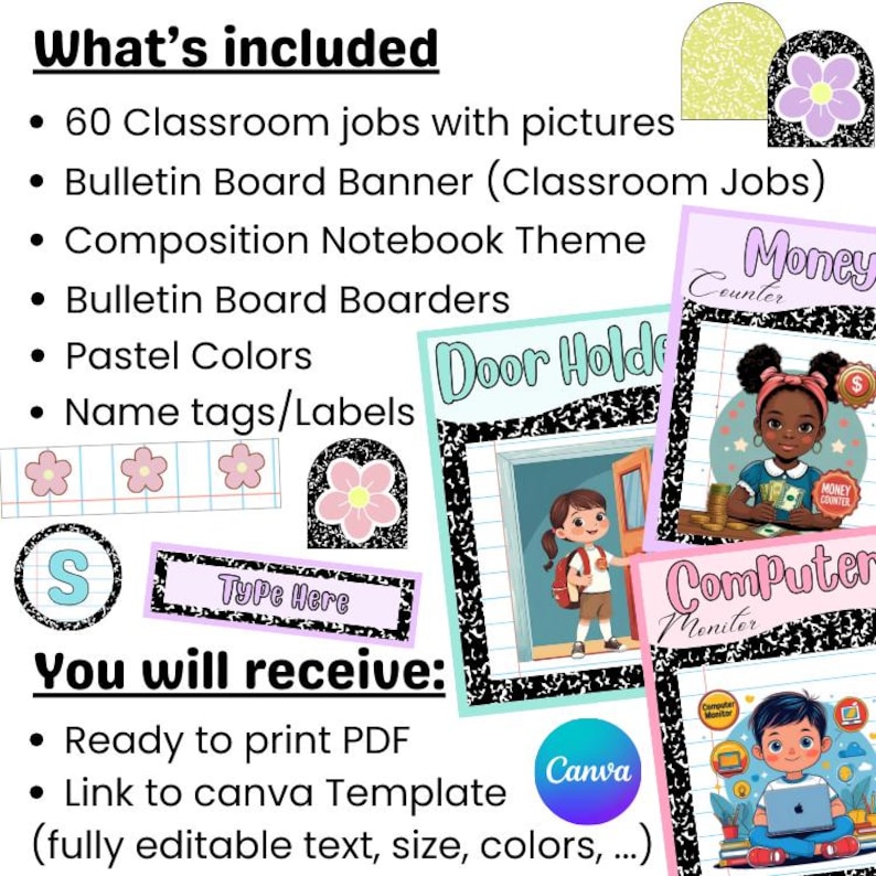 Editable Classroom Jobs Chart: Pastel Composition Notebook Theme ...