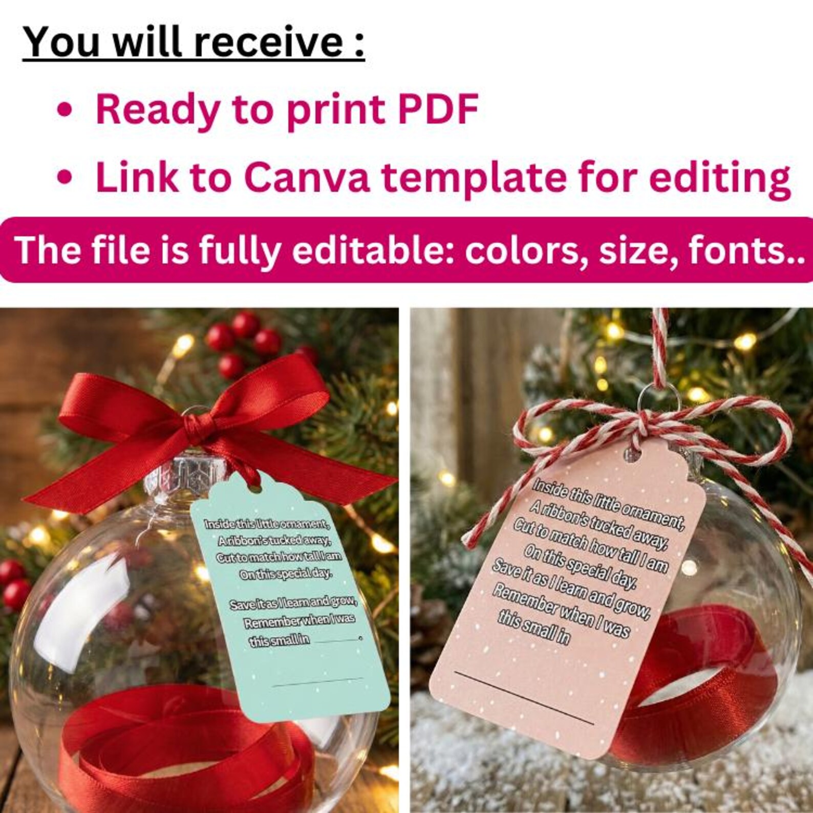 Editable Ribbon Height Ornament Poem and Gift Tags for Parents and ...