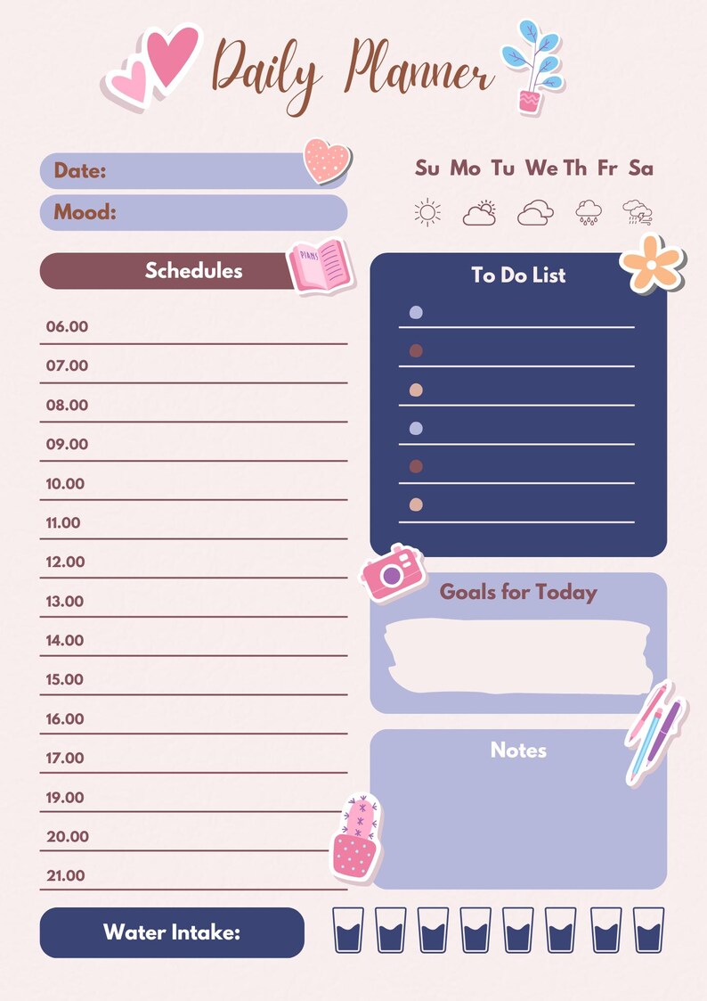 Whimsical Pastel Daily Printable Planner – Cute Hourly Schedule, to Do ...