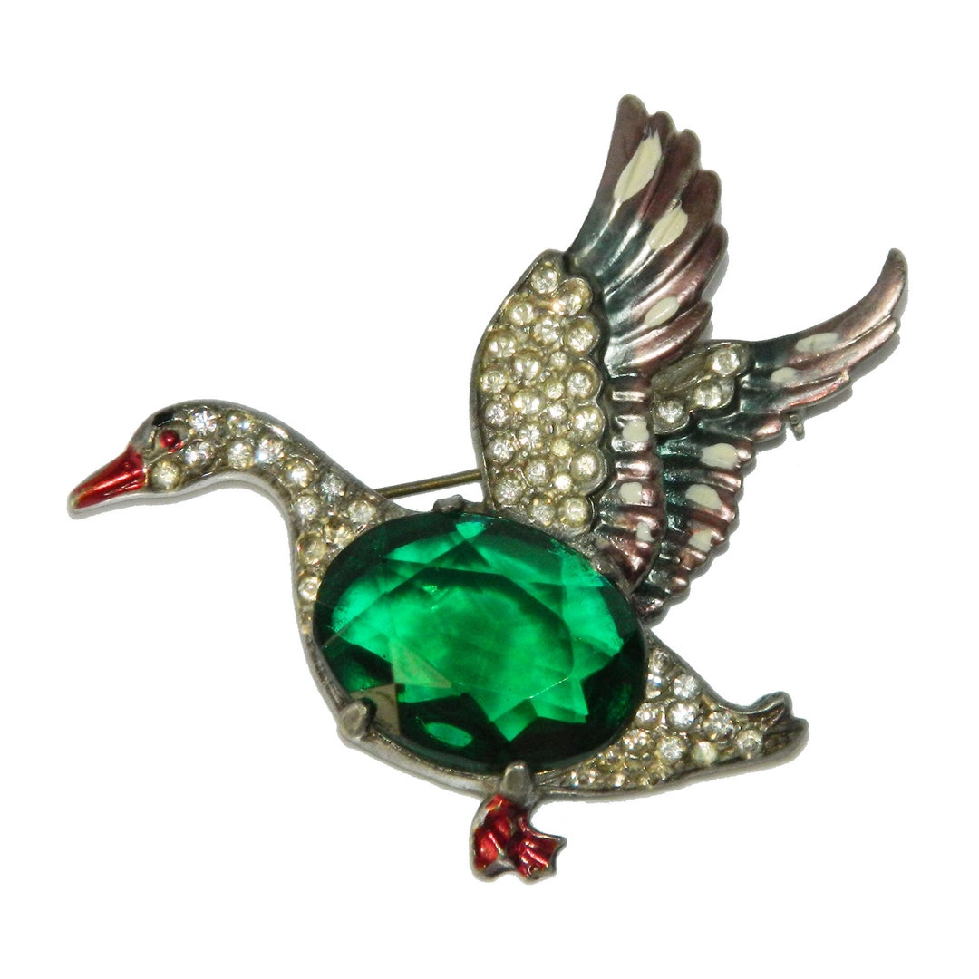 Vintage 1940s Enameled Rhinestone Mallard Duck Bird Brooch - Etsy