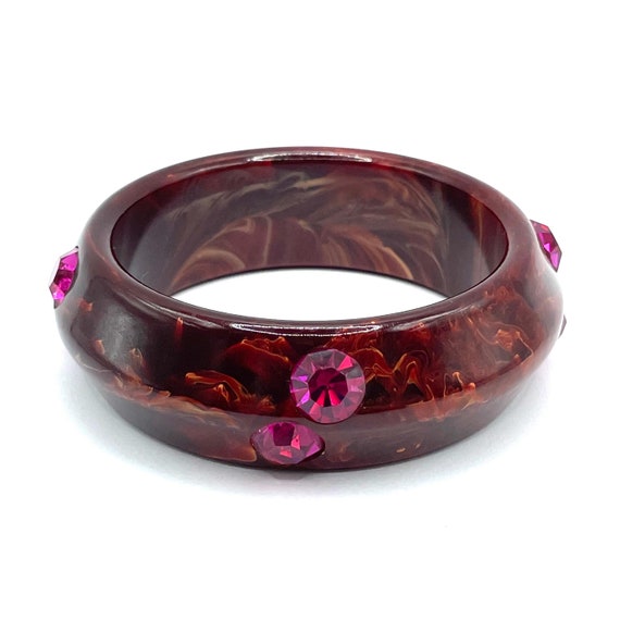 Vintage Marbled Red Bakelite Bangle Bracelet With Rhinestones Etsy
