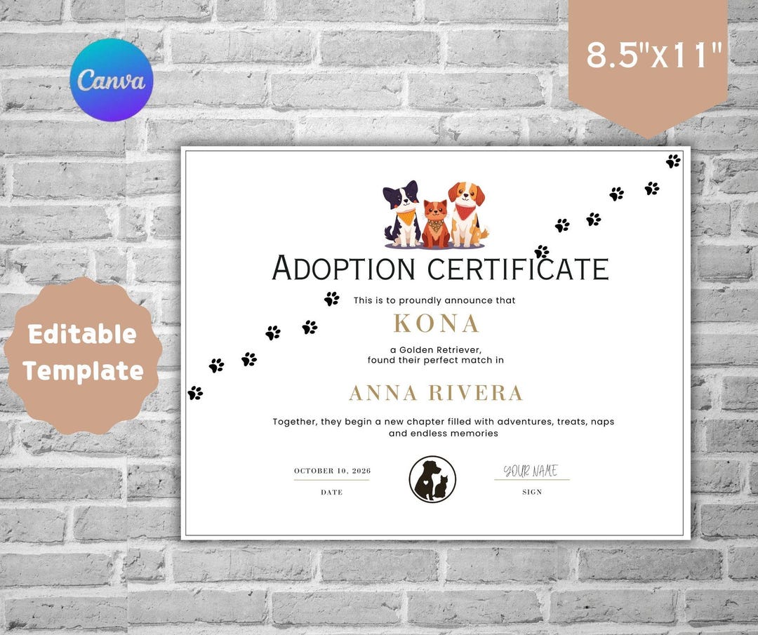 Pet Adoption Certificate Template | Editable Printable | Custom ...