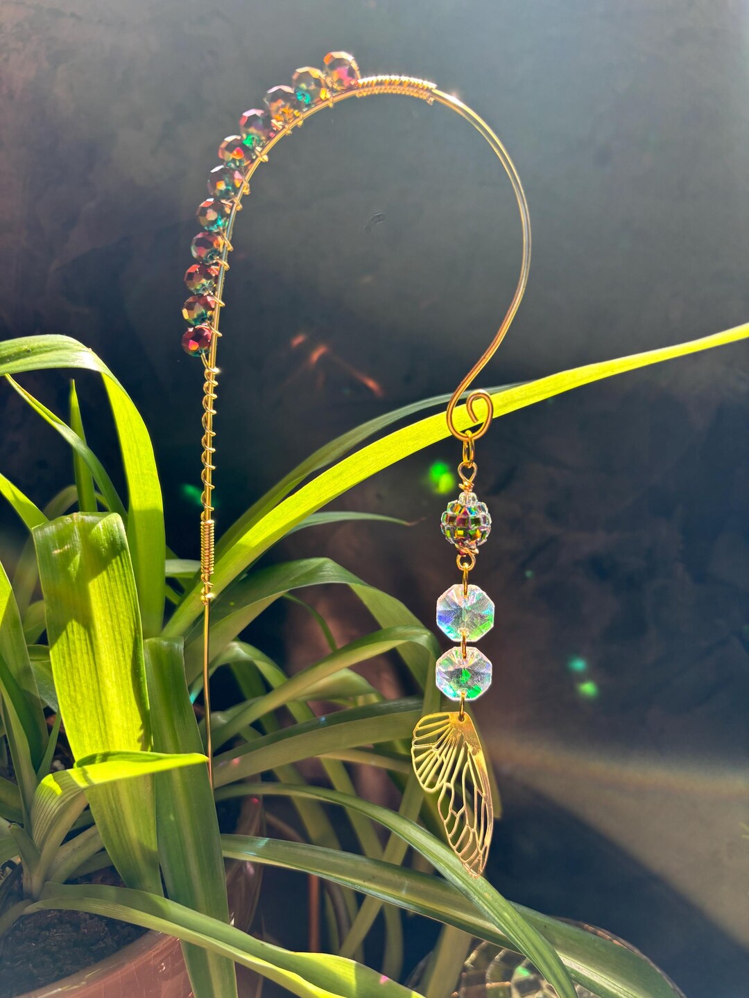 Iridescent Fairy Wing Plant Stake: Handmade Gold Wire Decor - Etsy