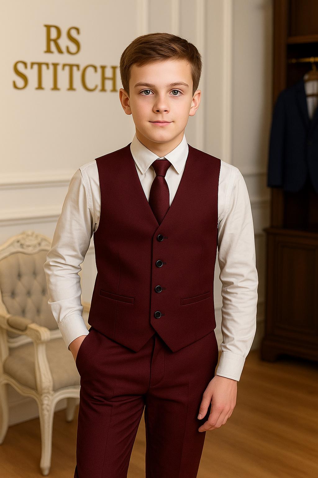 Boys Red Vest Pant Suit Set | Formal Wedding Outfit With Vest & Tie ...