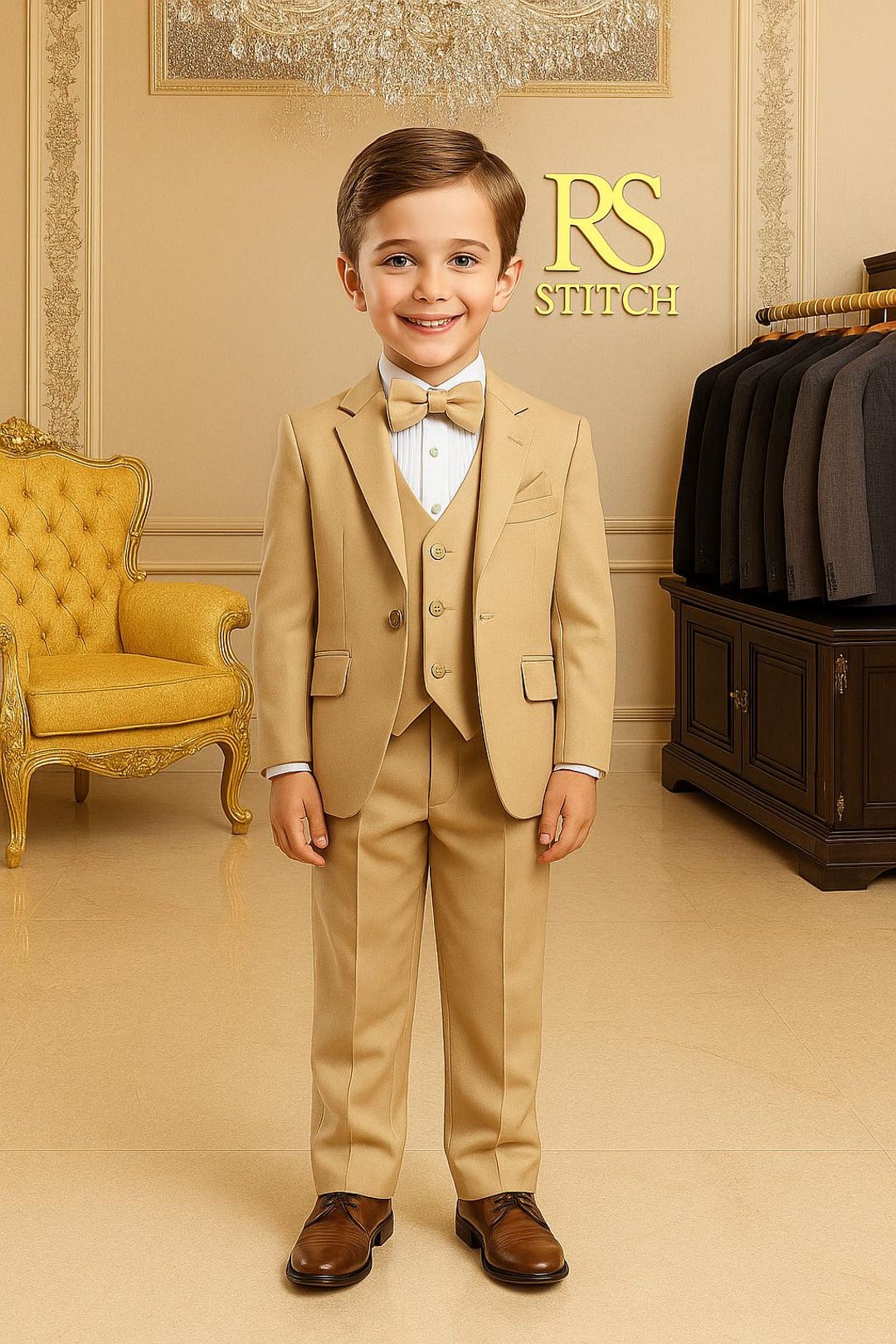 Boys Tan 3 Piece Suit | Kids Wedding Suit With Bow Tie | Formal Ring ...