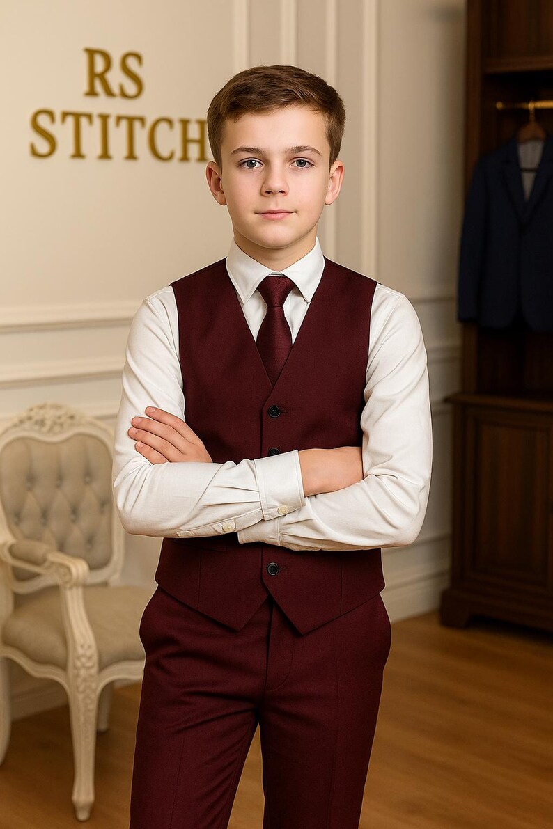 Boys Red Vest Pant Suit Set | Formal Wedding Outfit With Vest & Tie ...