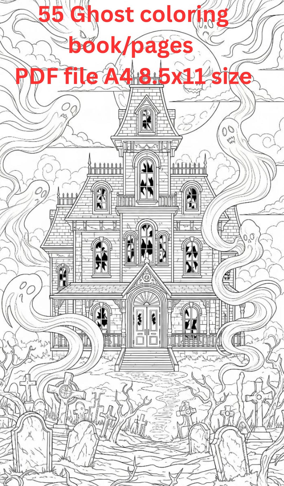 Scary Ghost Coloring Book: 55 Spooky Halloween Pages (digital Download ...