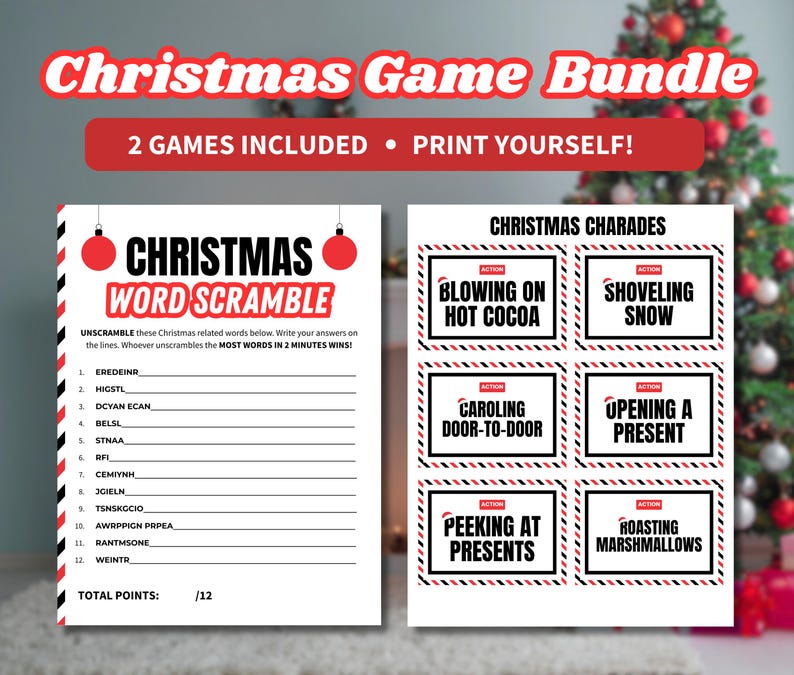 Christmas Game Bundle: Word Scramble and Charades, Red and Black ...