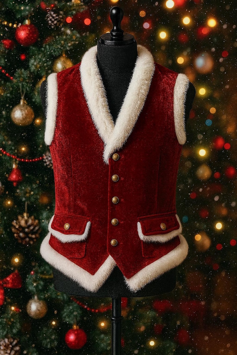 Men’s Red Velvet Santa Vest With White Fur Trim Christmas Costume ...