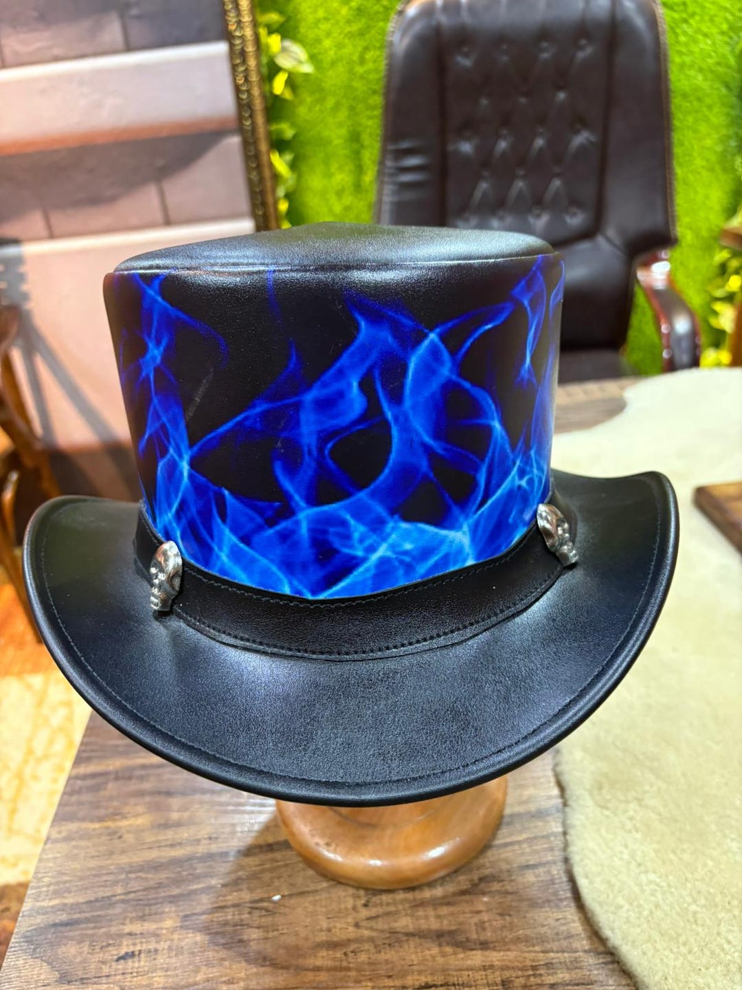 Blue Flame Leather Top Hat Men Steampunk Gothic Cowboy Festival Cosplay ...
