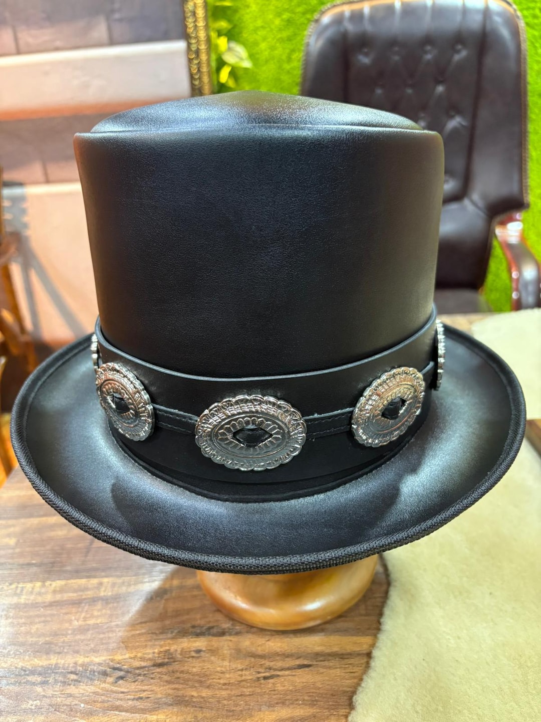 Black Leather Steampunk Top Hat Men Victorian Gothic Silver Concho Band ...