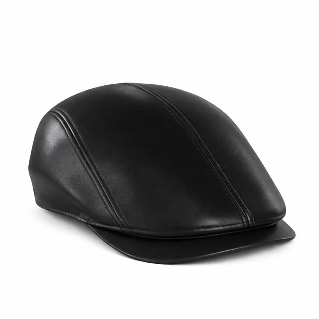 Black Genuine Leather Flat Cap Men Ivy Driving Hat Vintage Gatsby Style ...
