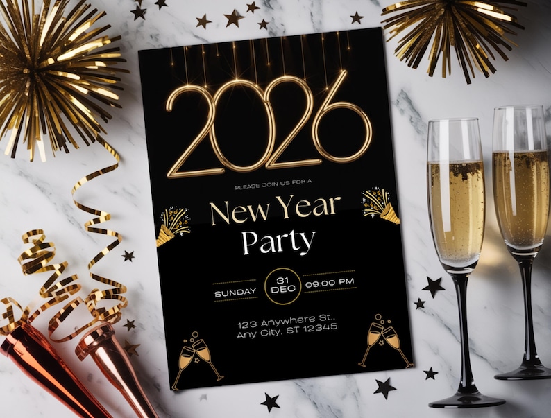 Editable New Year Party Invitation 2026, Fireworks NYE Flyer, Champagne ...