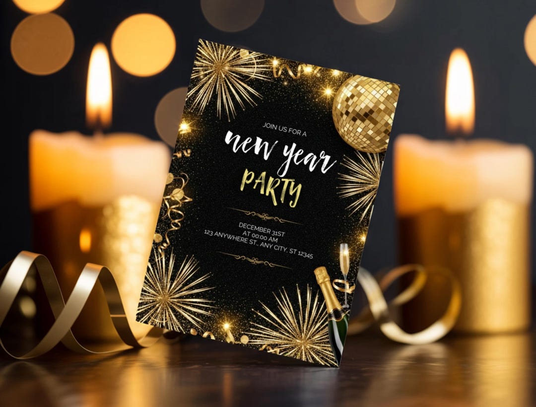 Trending New Year Party Invite, Black Gold NYE Holiday Party Flyer, NYE ...